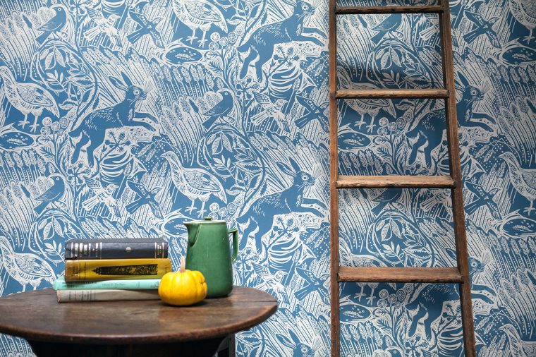 Harvest Hare wallpaper in Provencal Blue designed by Mark Hearld - The ...